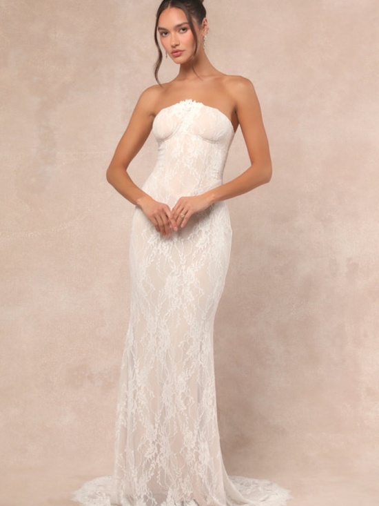 Lulus | Dresses | Lulus Valeria White Lace Strapless Bustier Maxi Dress ...